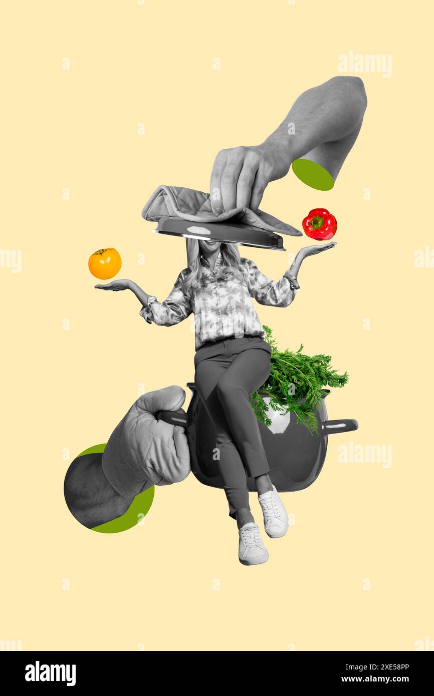 Vertical collage young woman grocery store ingredients market dinner ...