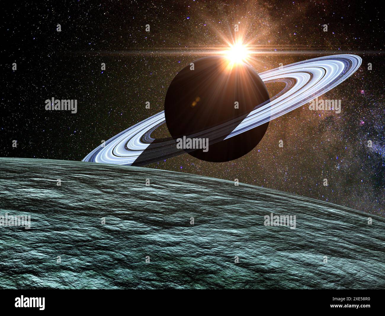 Planets with neighbouring rings and shining stars Stock Photo - Alamy