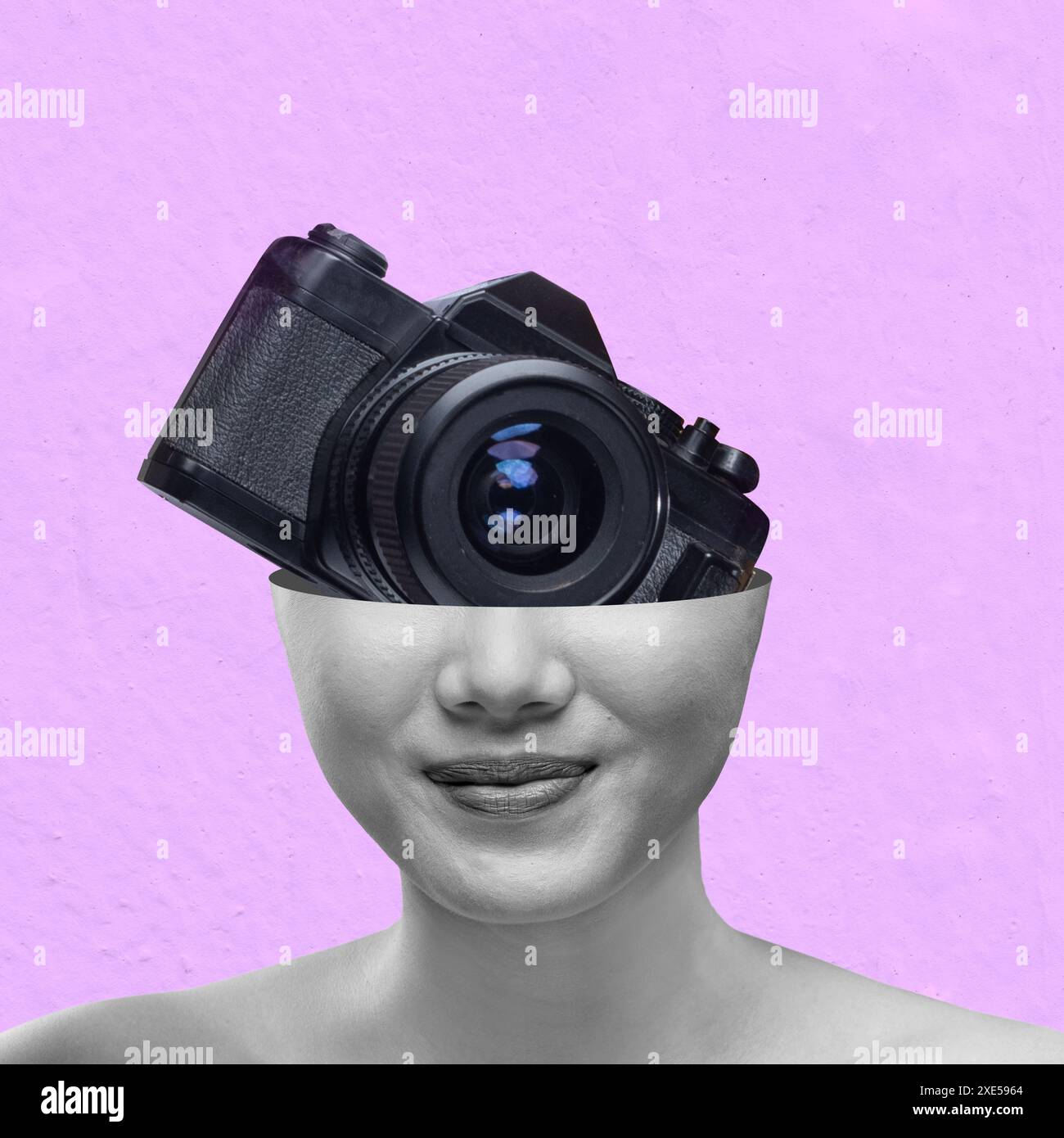 A woman face with a camera inside her head on a colored background ...