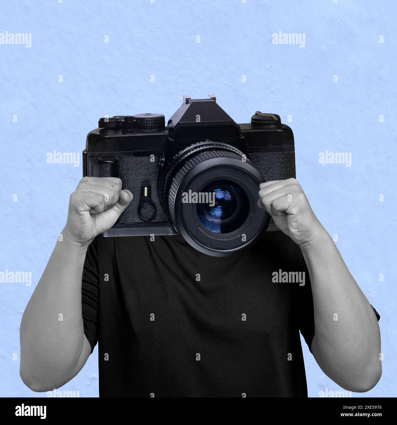 Man with camera head in excited expression on a colored background ...