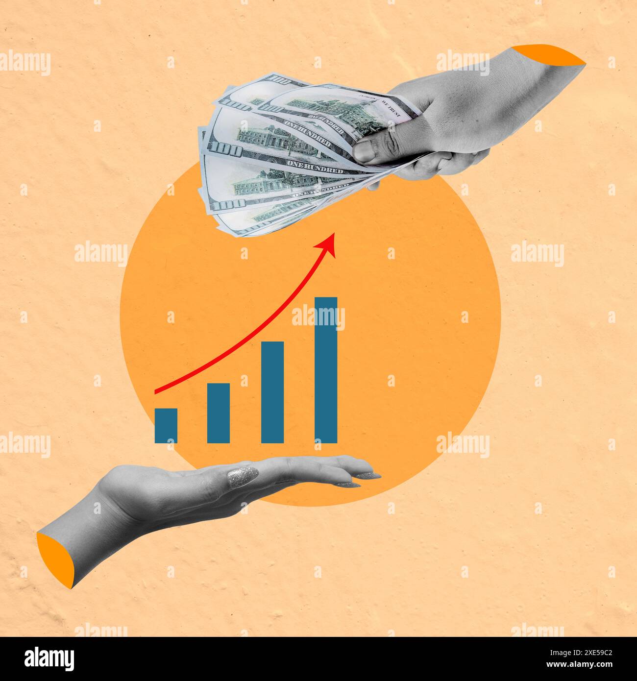 Human hand holding dollar bills with an increased graph arrow on a ...