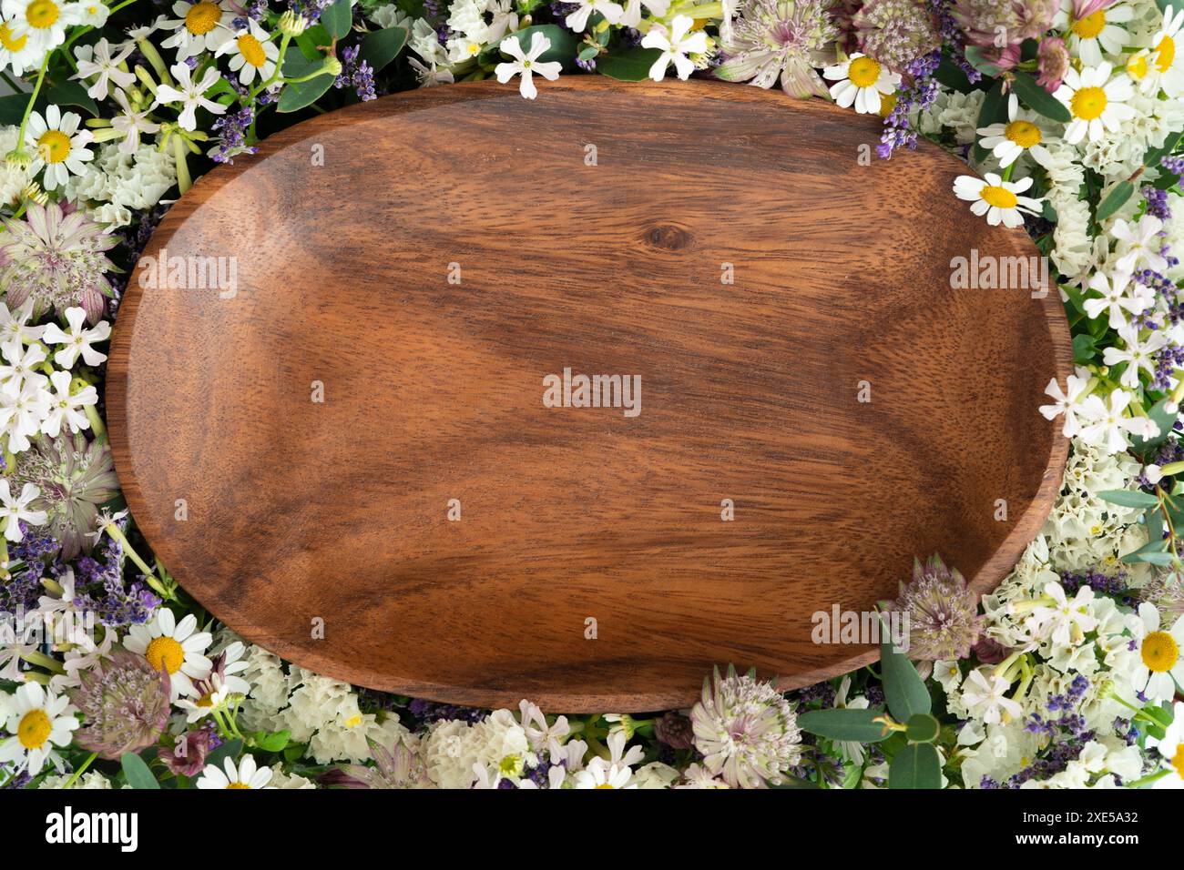 Wooden plate placed on a small small flower on one side Stock Photo - Alamy