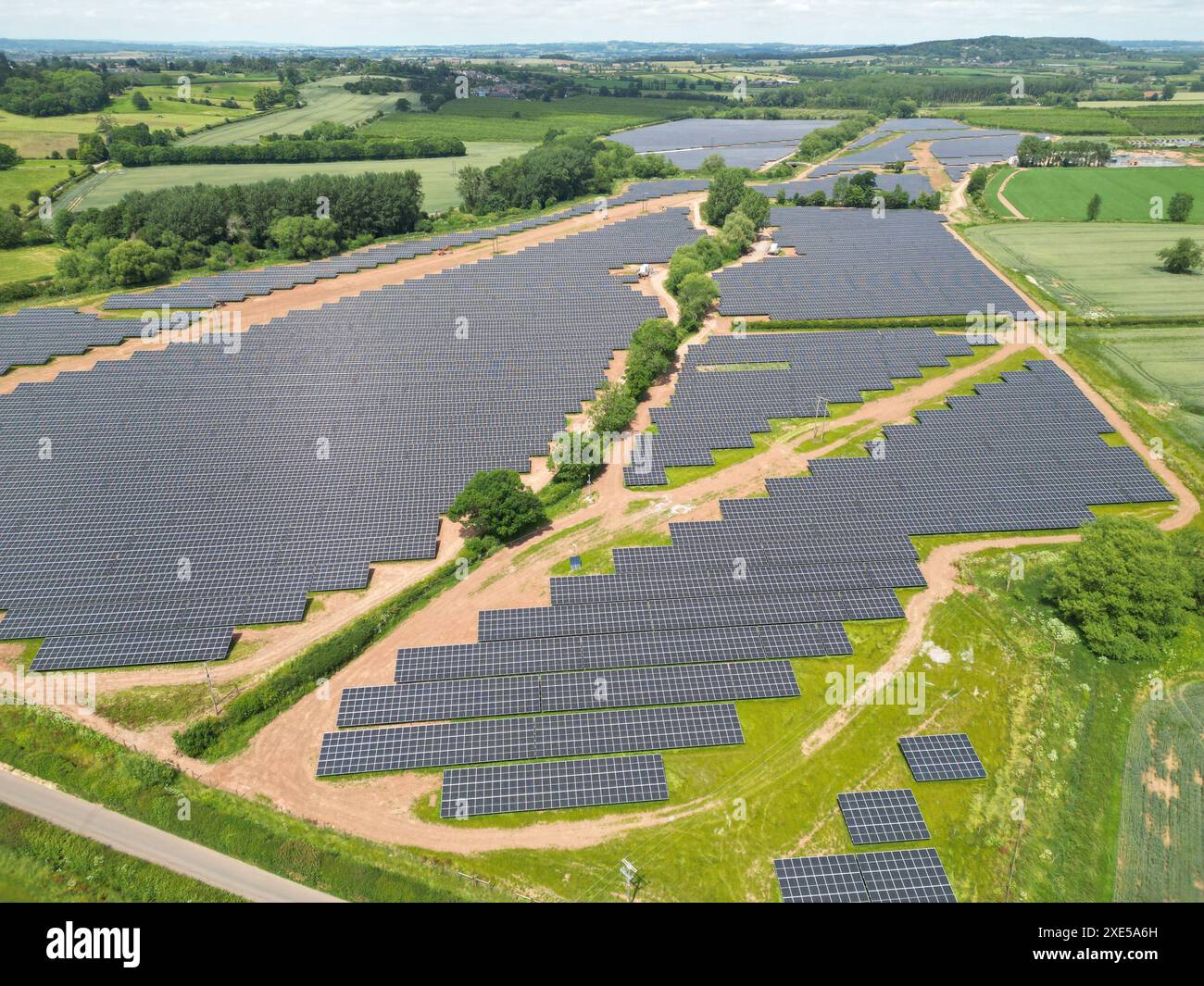 Aerial view of Larport Solar energy farm near Dormington in rural ...