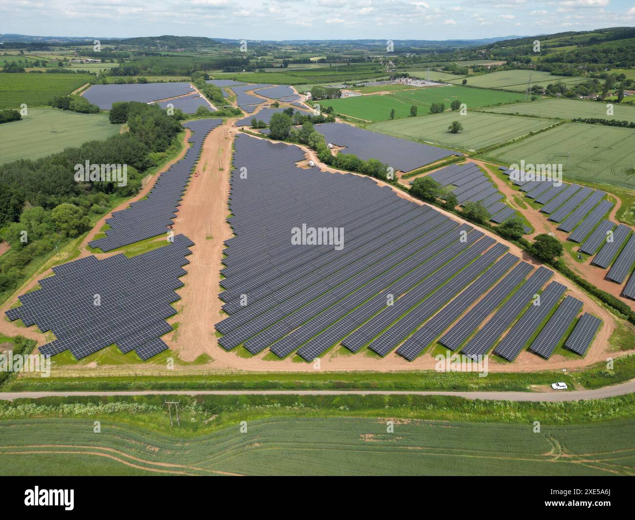 Aerial view of Larport Solar energy farm near Dormington in rural Herefordshire UK built by ...