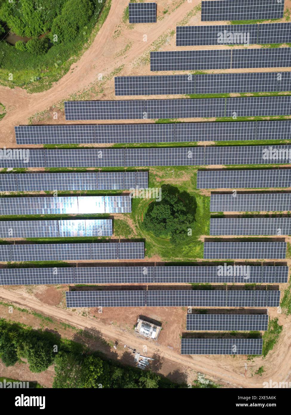 Aerial view of Larport Solar energy farm near Dormington in rural ...