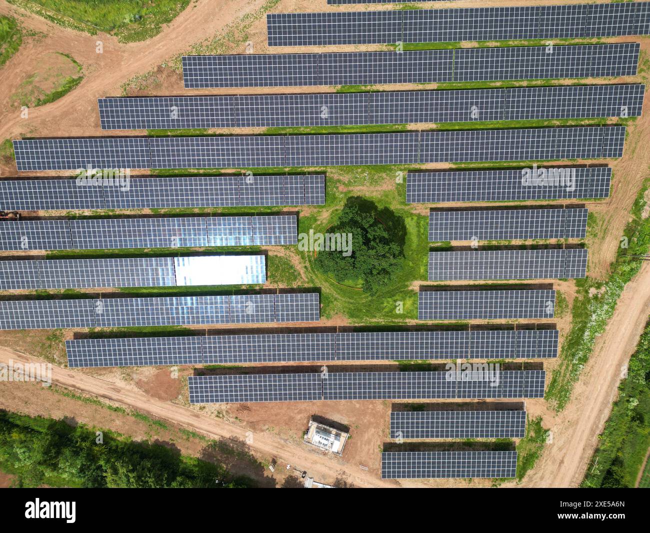 Aerial view of Larport Solar energy farm near Dormington in rural ...