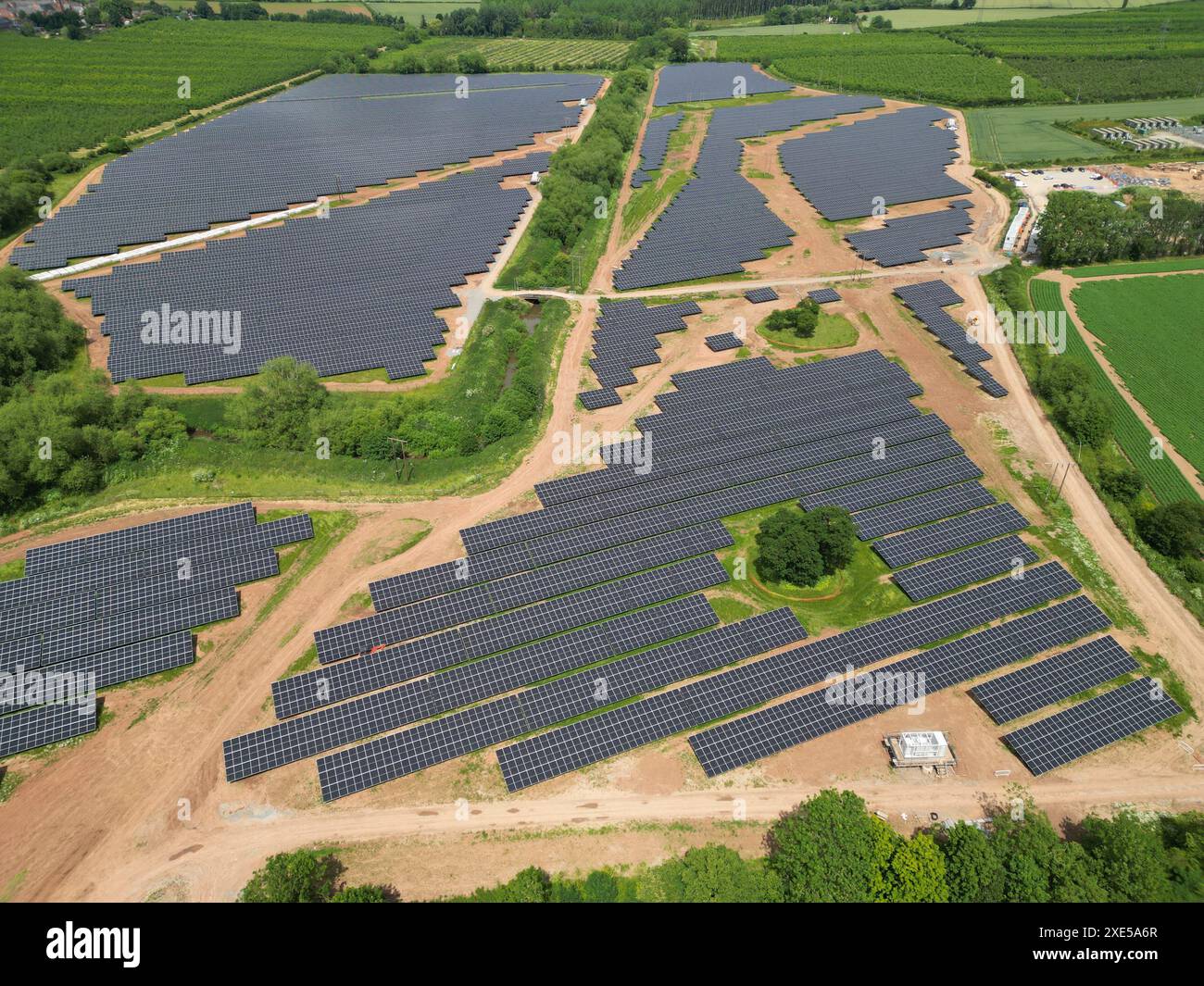 Aerial view of Larport Solar energy farm near Dormington in rural Herefordshire UK built by ...