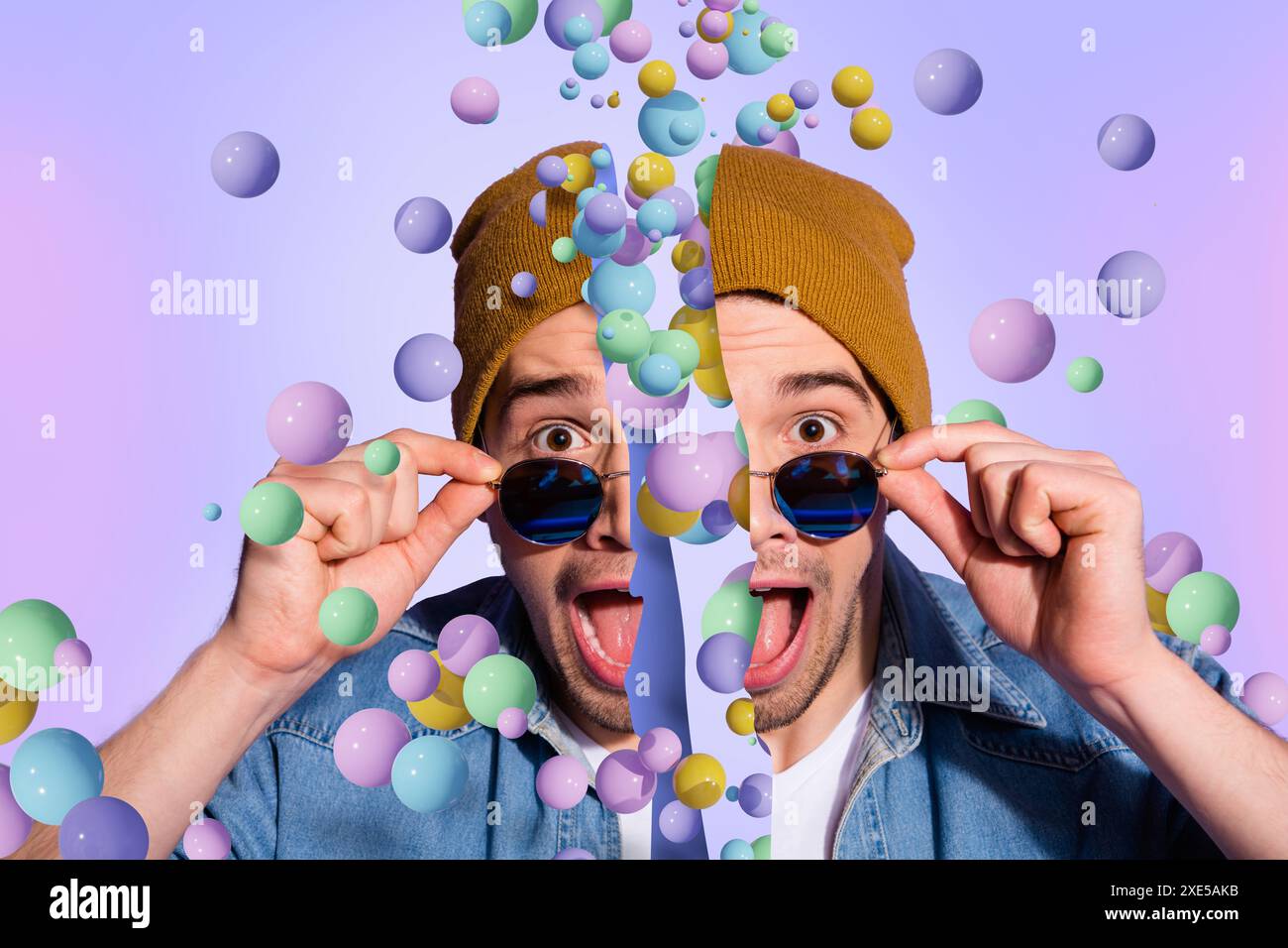 Creative collage young amazed shocked man face expression speechless ...