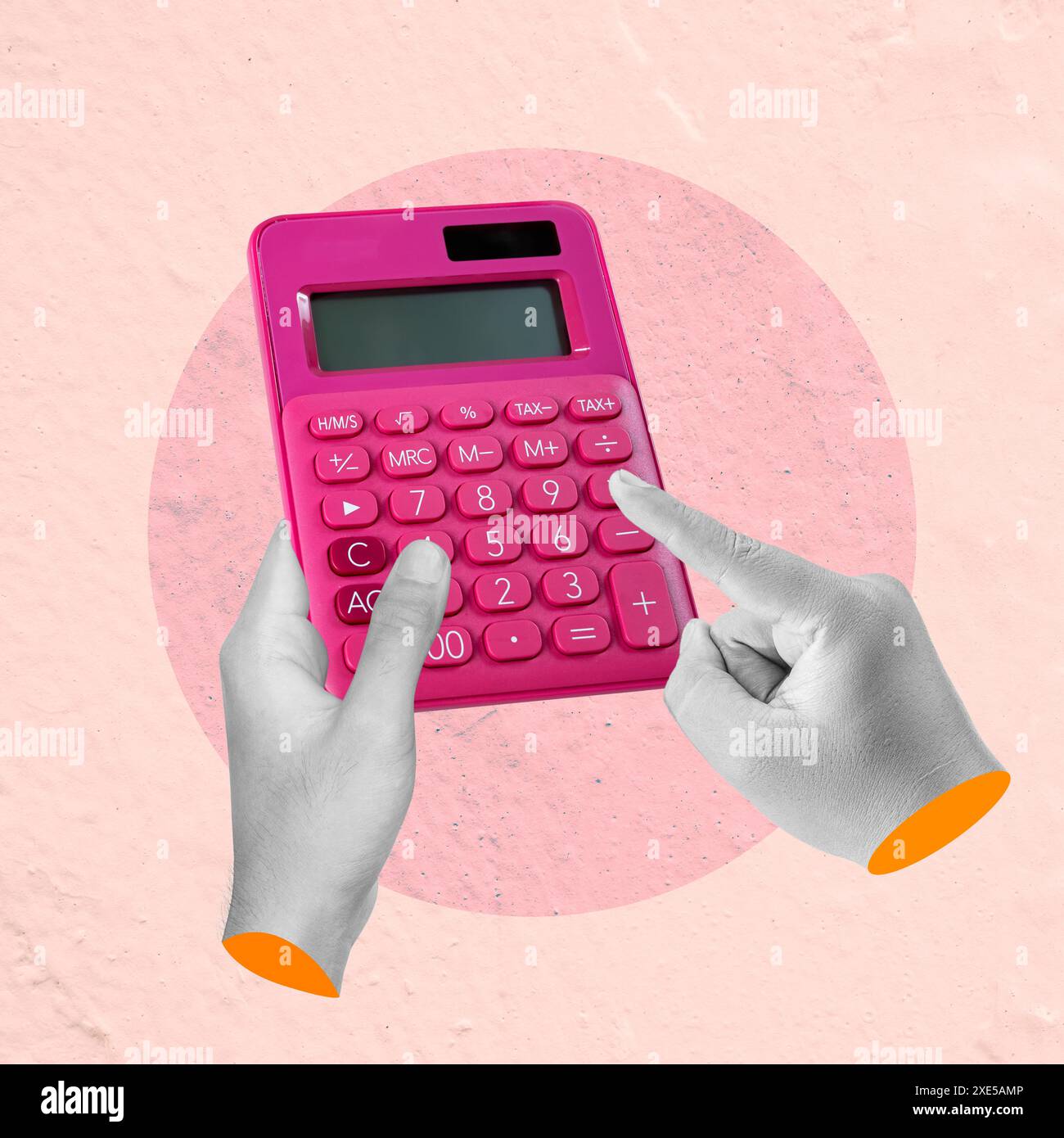 A human hand using the calculator on a colored background. Collage art ...