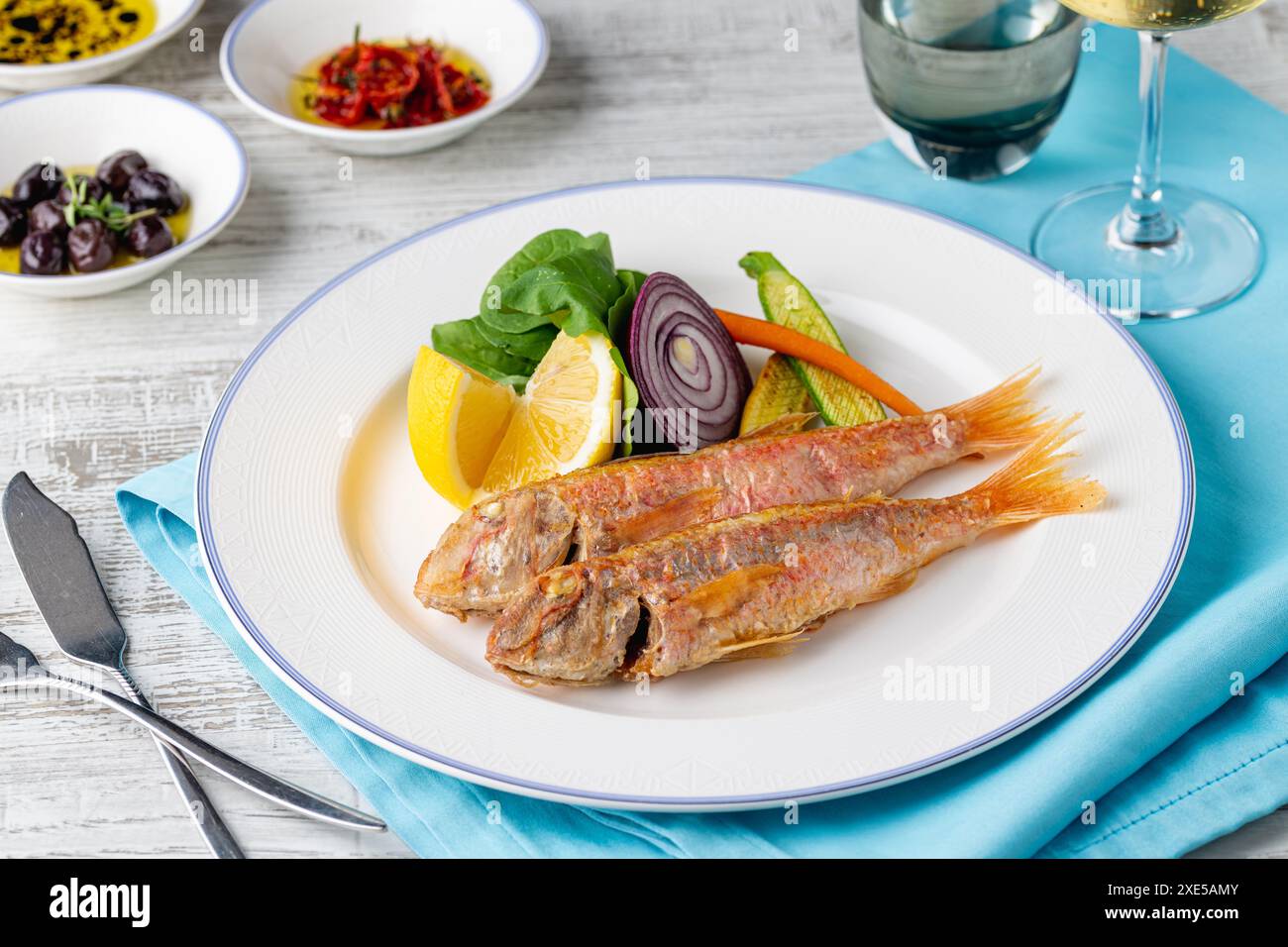 Top view of raw red mullet fish on ice on display at seafood fish ...