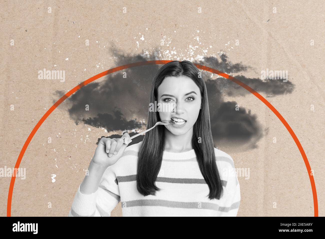 Creative picture collage young girl hungry bite spoon dish lunch dinner ...