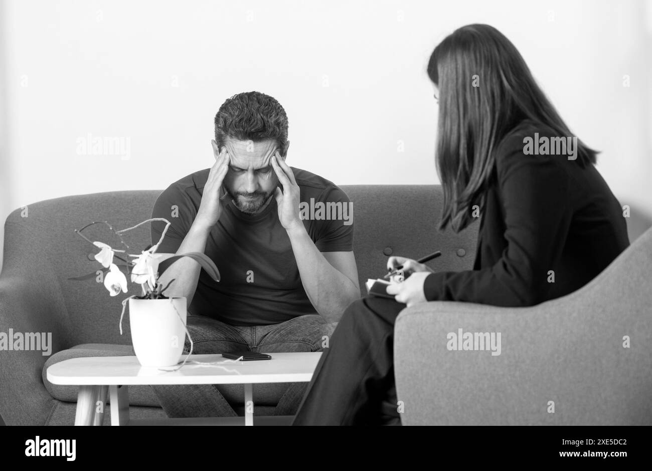 Psychology, mental therapy, psychologist with sad depressed man at ...