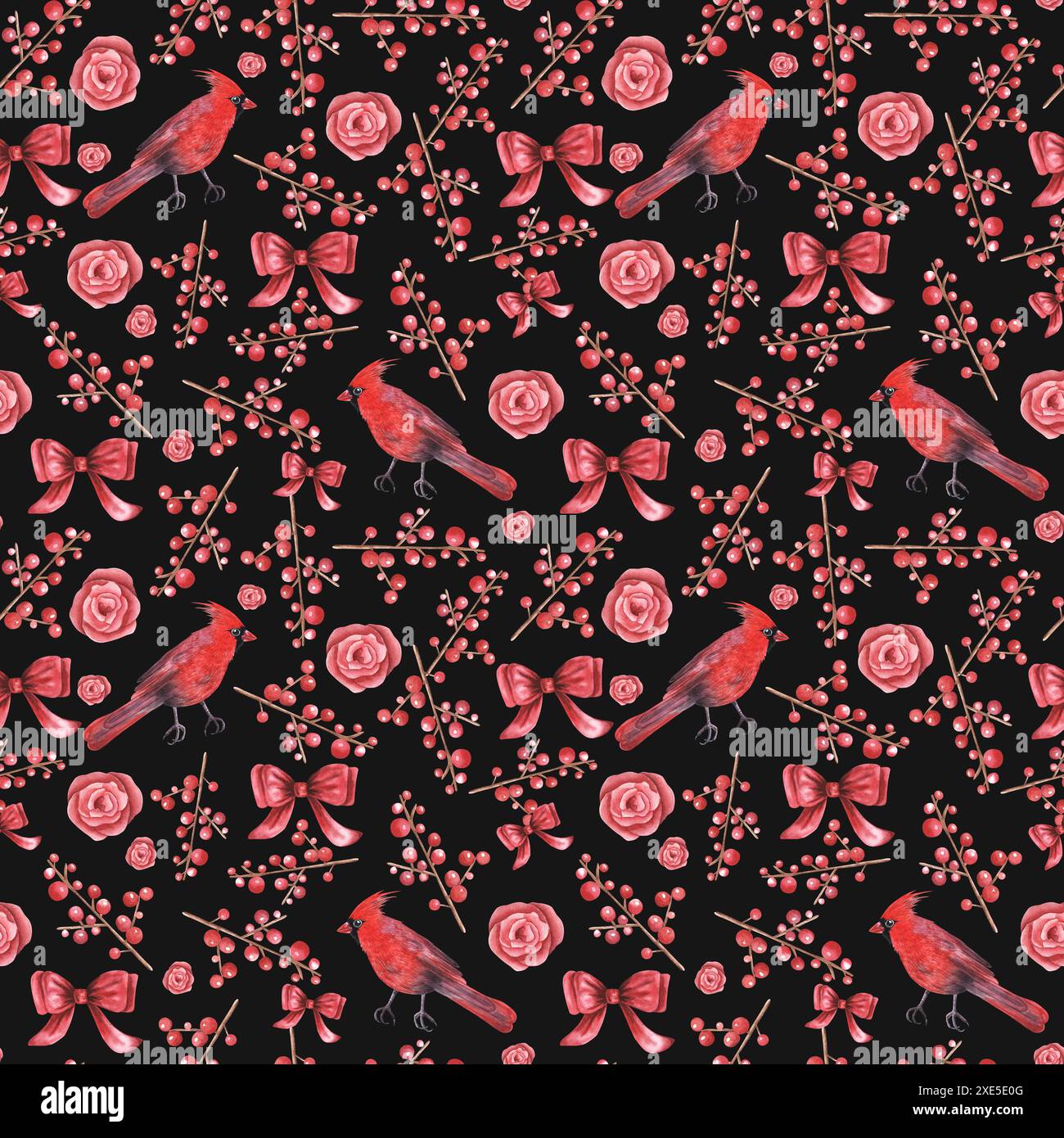 Christmas forest berries, red cardinal birds, Seamless pattern ...
