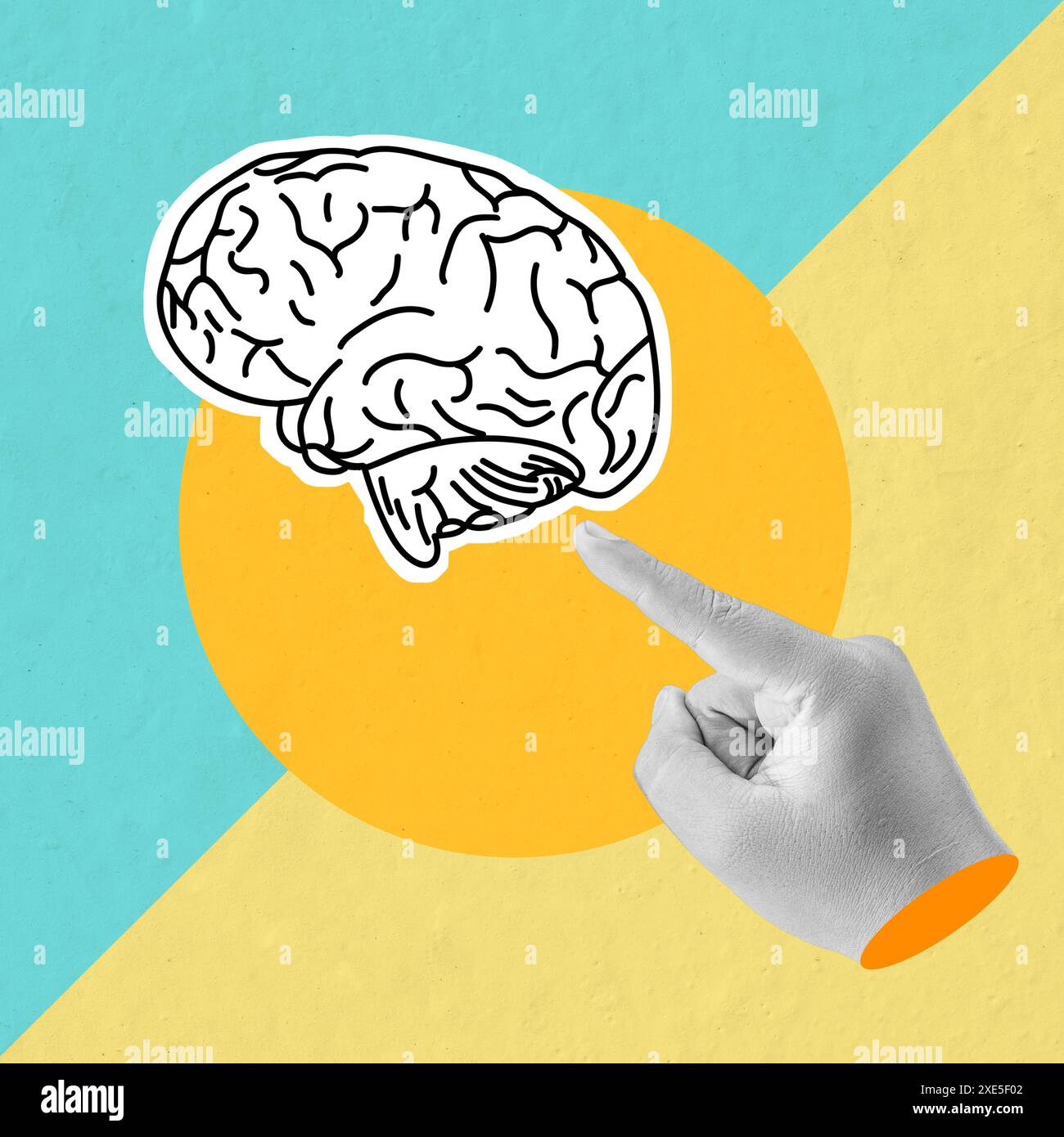 Creative collage with a hand pointing its finger to a brain drawing on ...