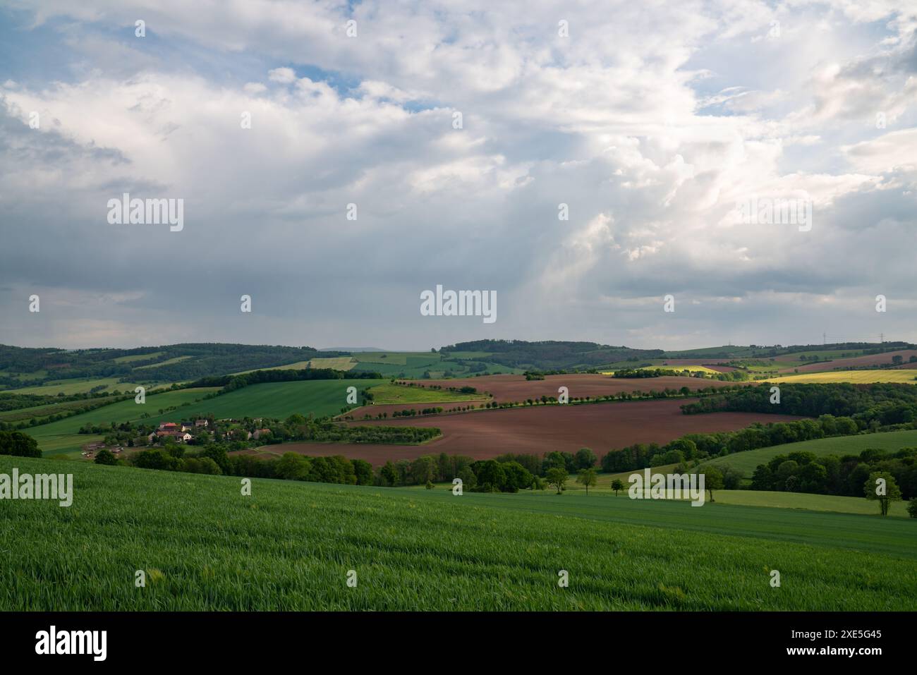 Hilly area in Saxony, near Dresden. Landscape with green fields and ...