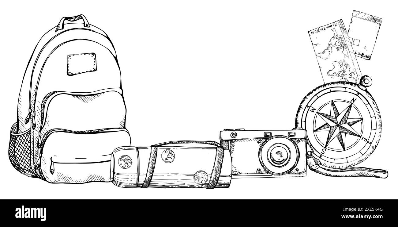 Tourist accessories backpack rucksack bag, vintage compass, old photo ...