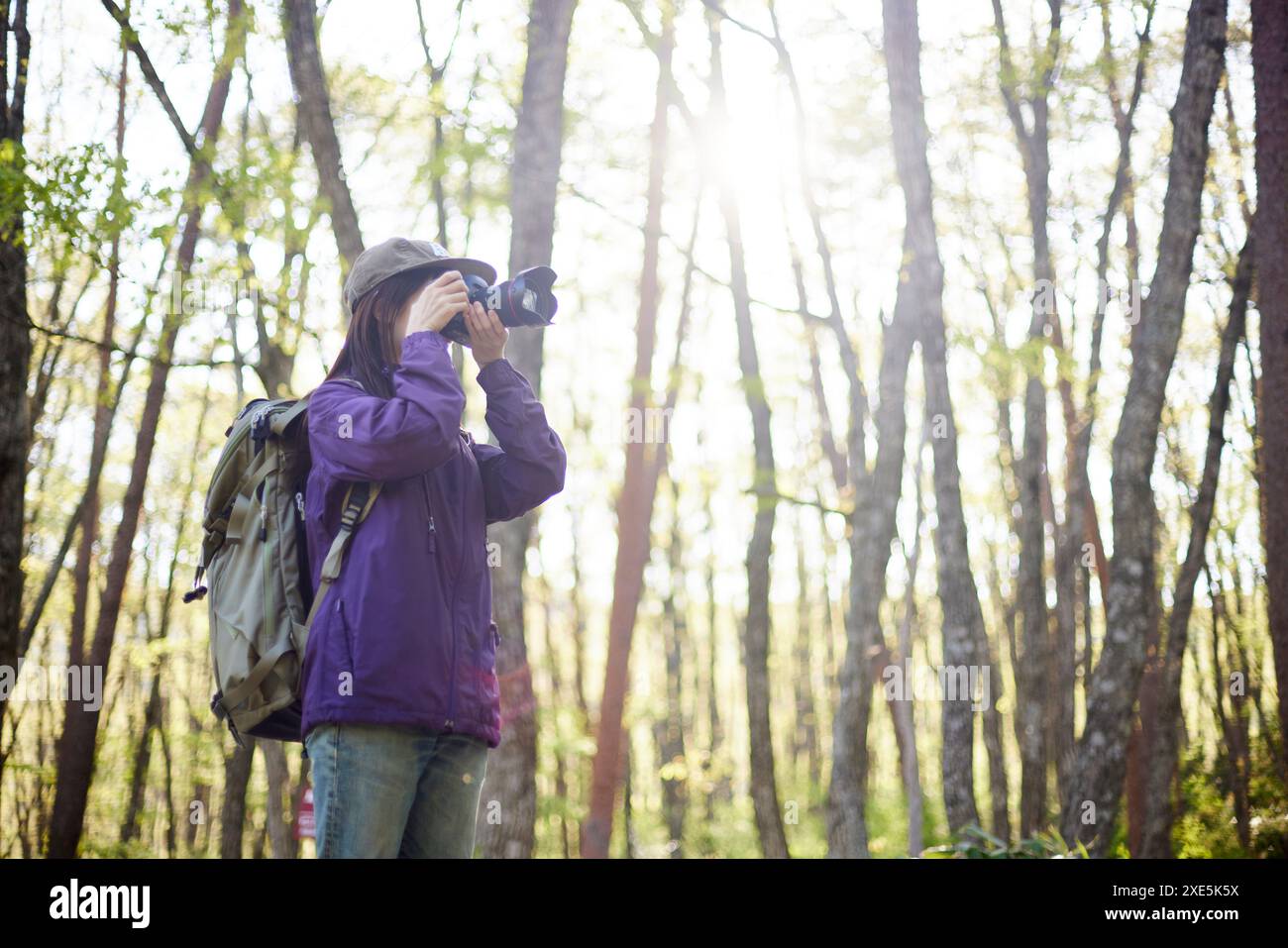 Japanese woman in her 30s enjoying her hobby of photography in a summer ...