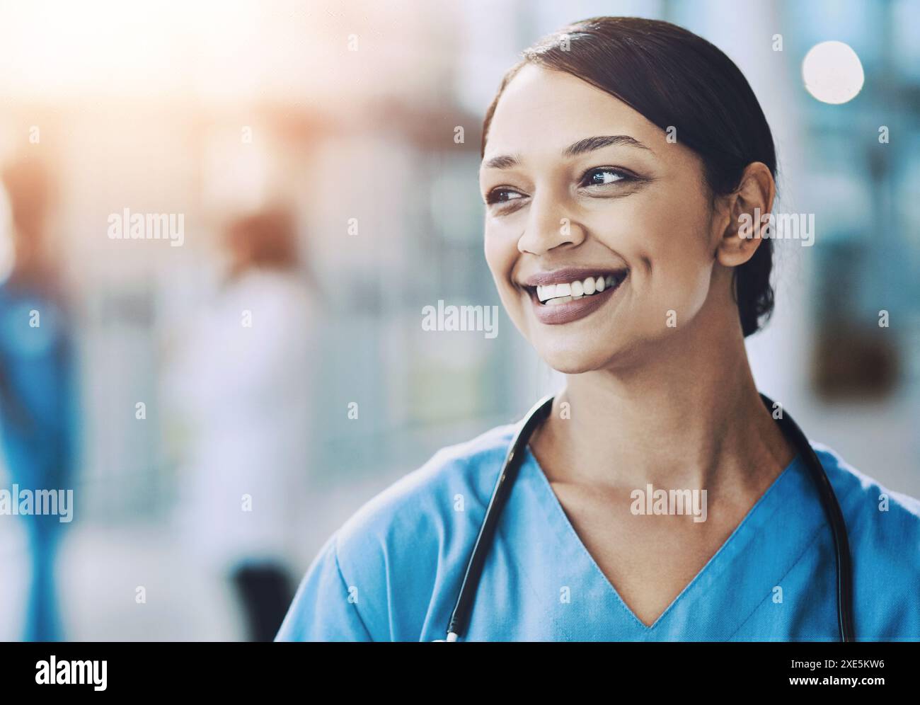 Smile, woman and nurse in hospital for medical career with growth ...