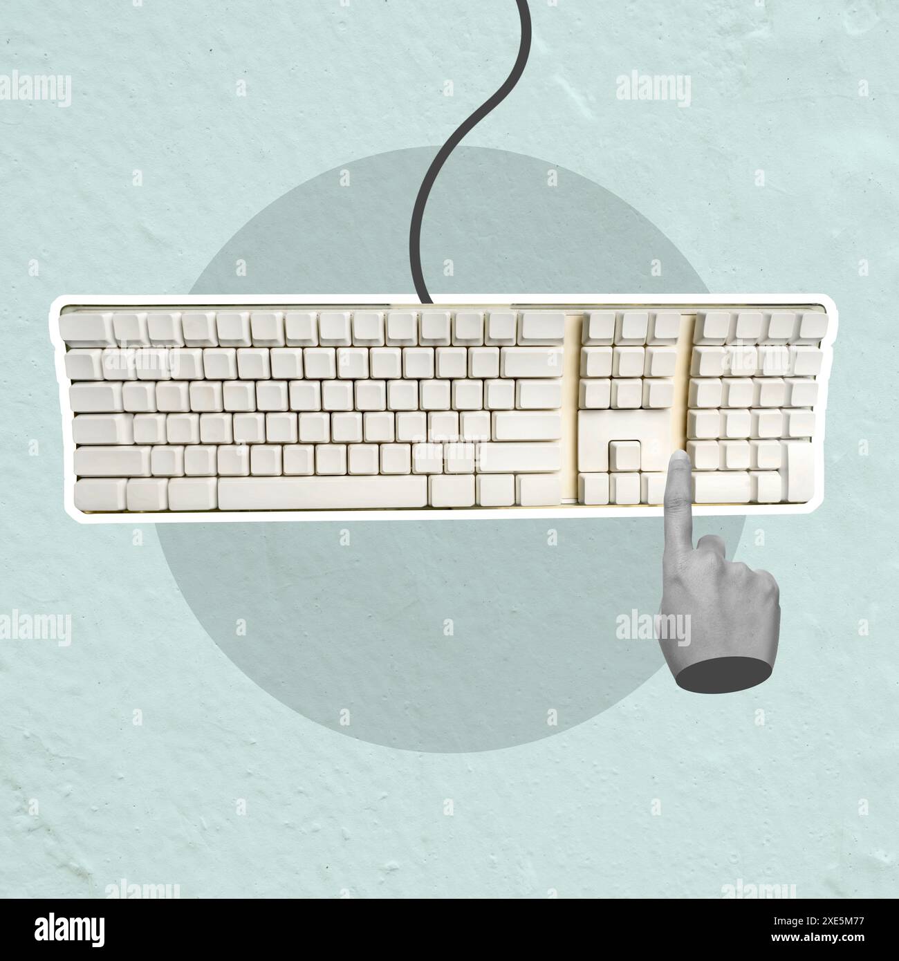 Contemporary art collage featuring a hand pressing the enter key on a ...