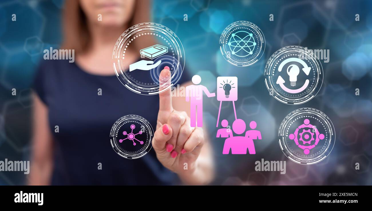 Woman touching a knowledge sharing concept on a touch screen with her ...