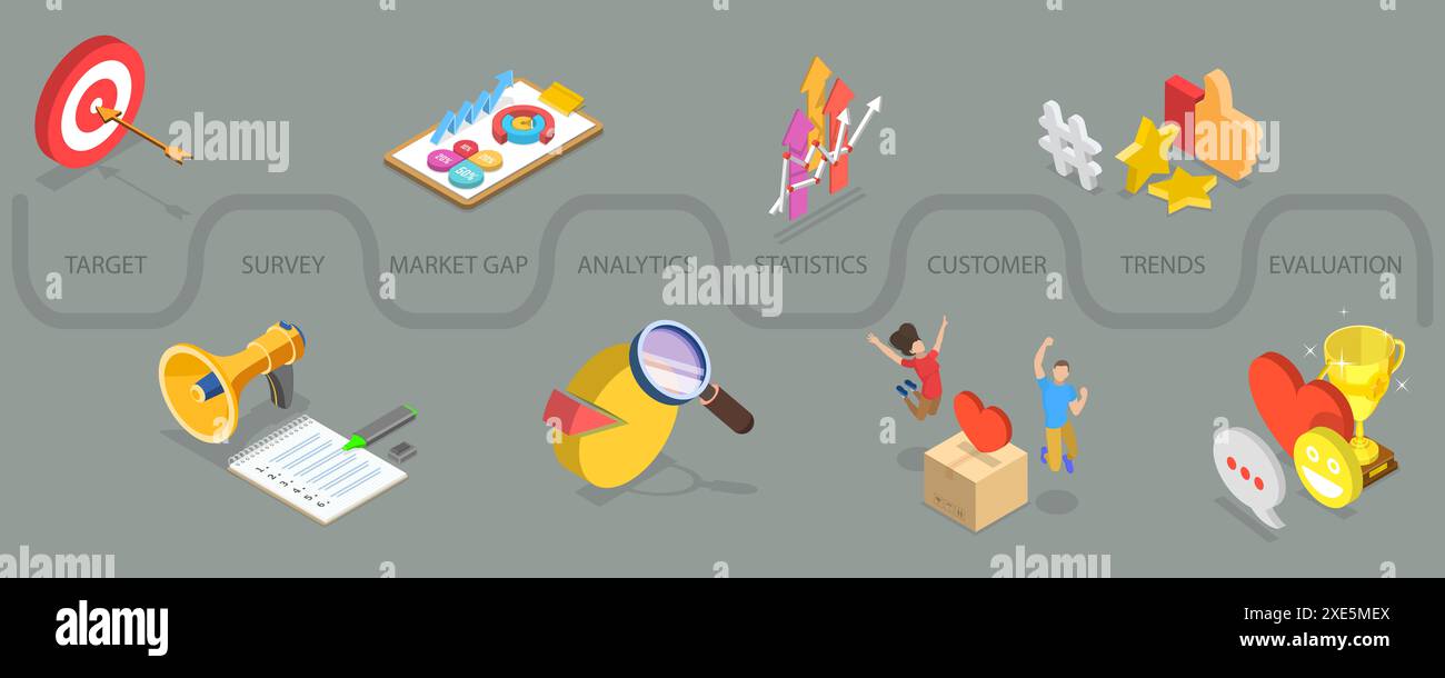 3D Isometric Flat Conceptual Illustration of Market Research, Data Driven Marketing 3D Isometric ...