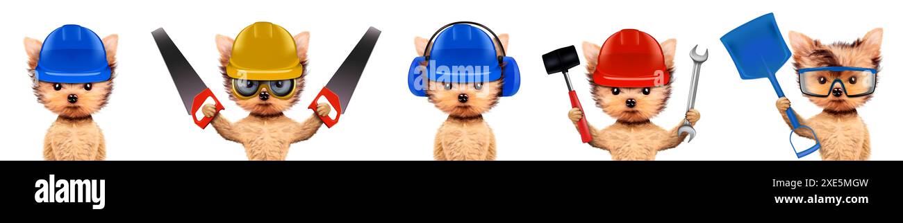 Funny dogs with carpenter tools like wrench, headphones and protective ...