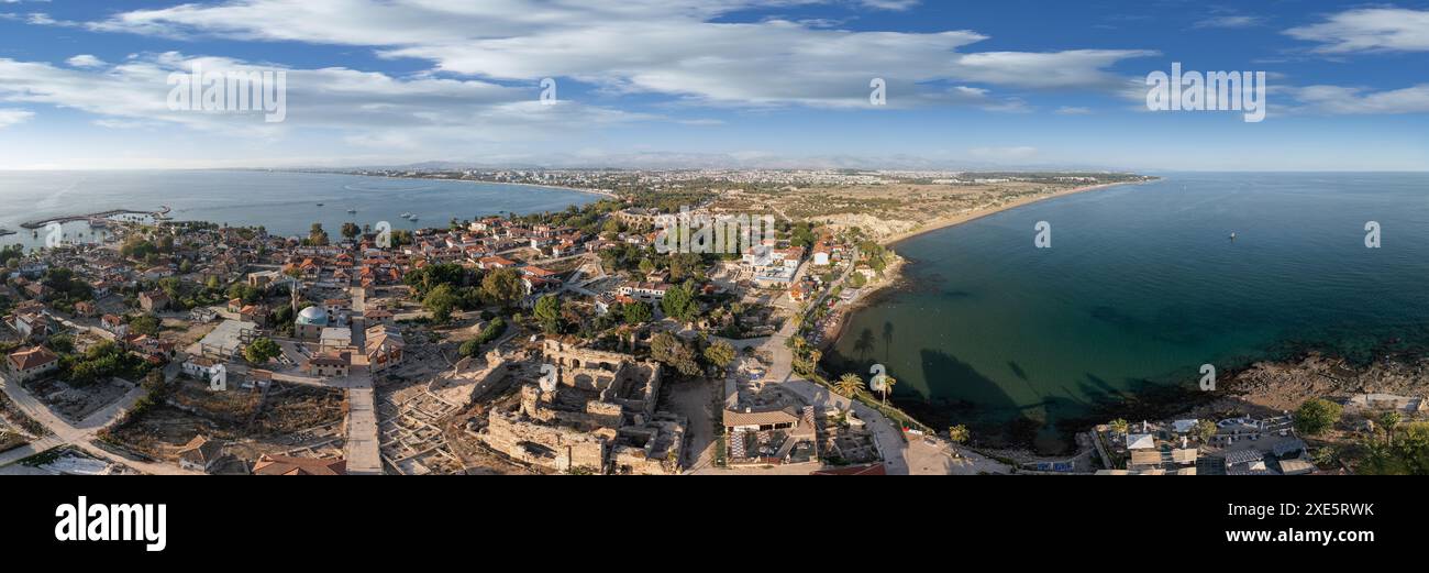 Aerial top drone view of ancient Side town, Antalya Province in Turkey ...
