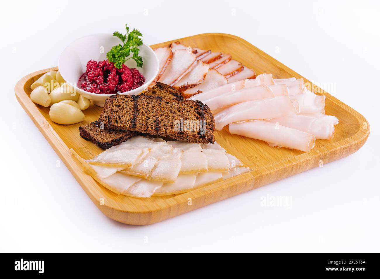 Different types of lard with garlic, croutons and horseradish Stock ...