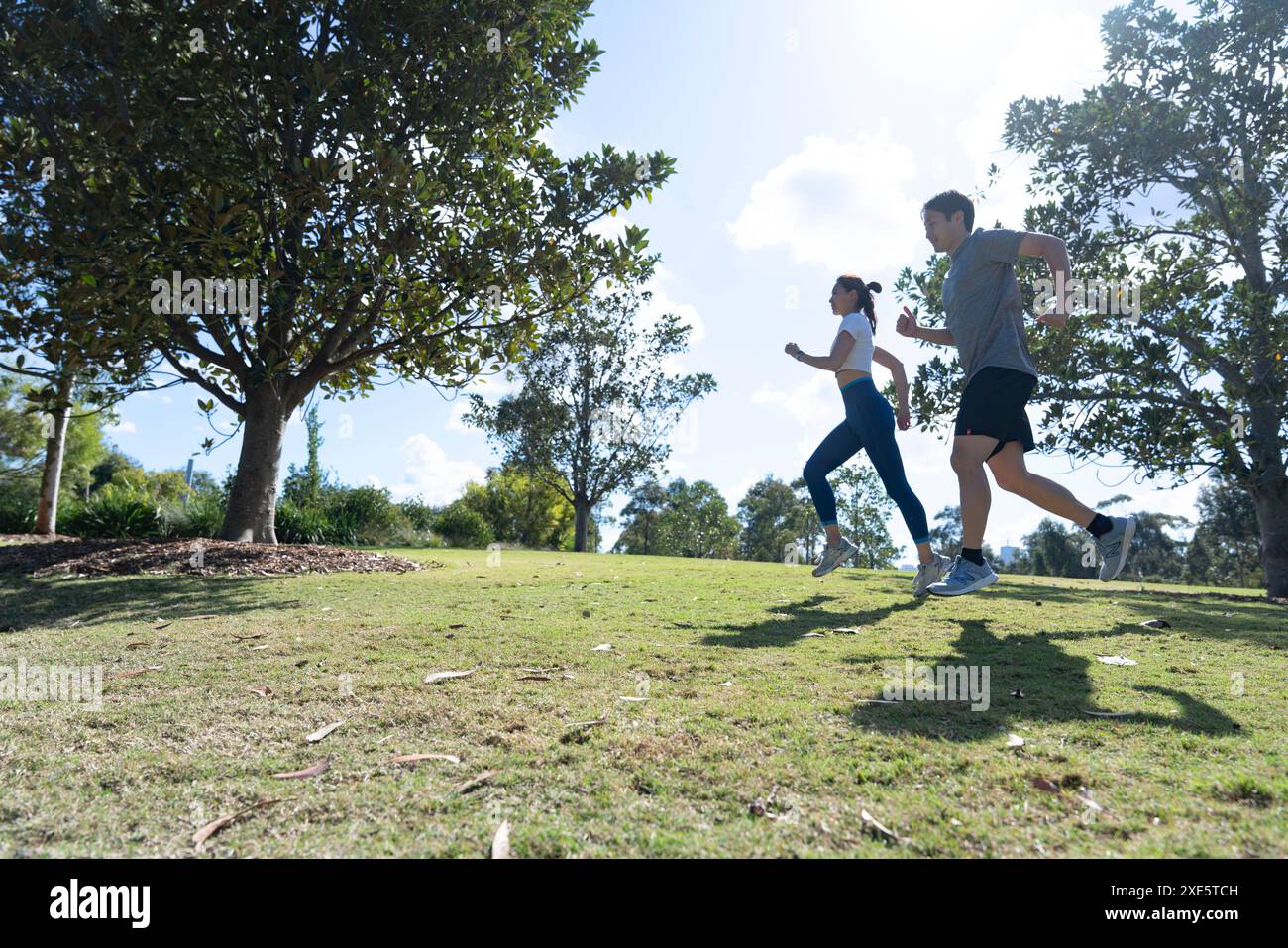 Man and woman running in park Stock Photo - Alamy