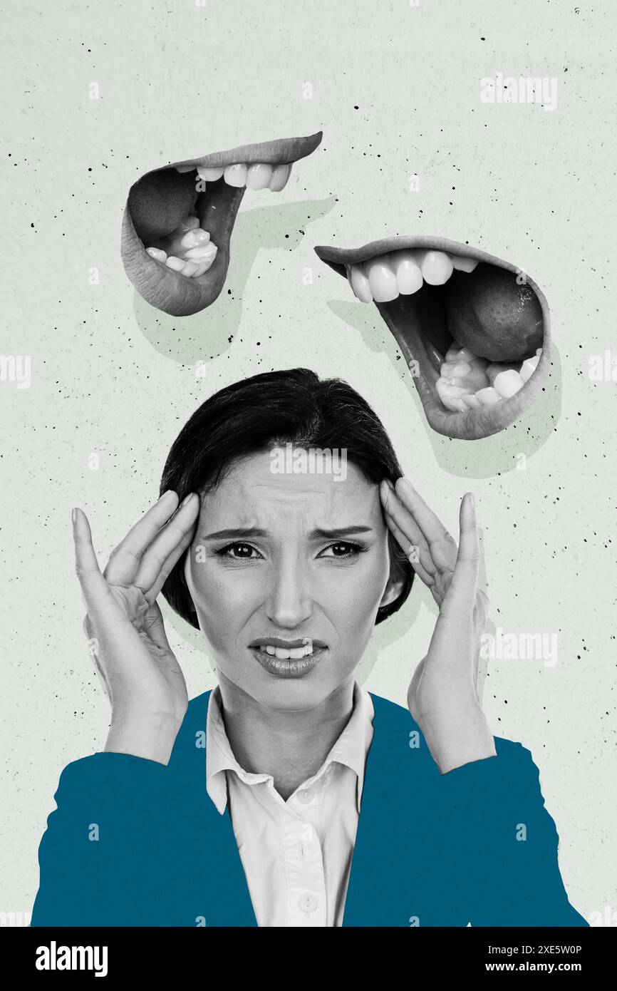 Vertical photo collage of upset dissatisfied woman suffer loud migraine ...