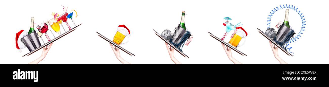 Hand holding tray with different alcohol cocktails like beer, martini ...