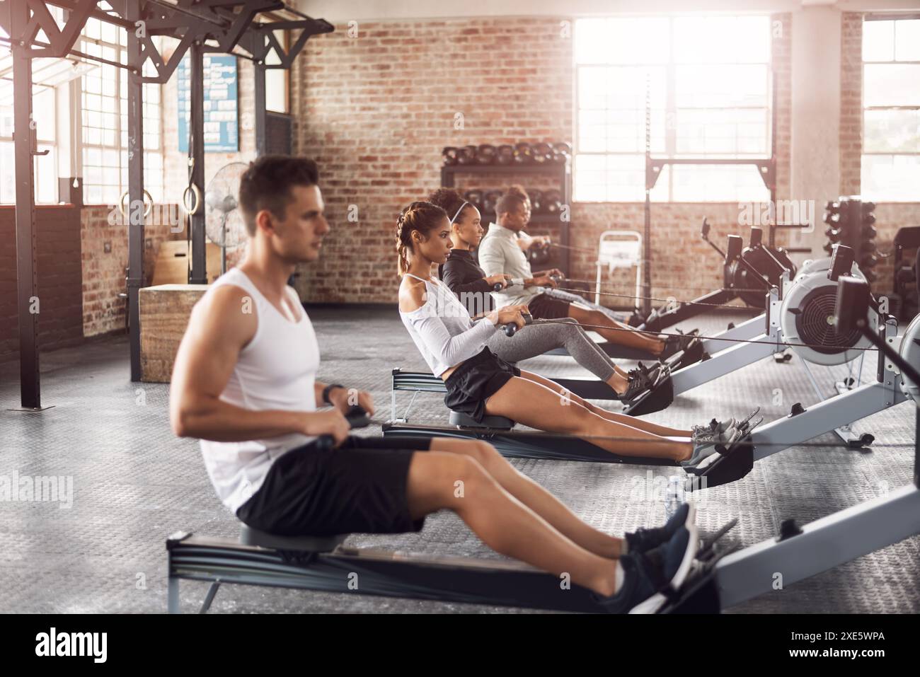 Fitness, gym and people on rowing machine for health, wellness and body ...