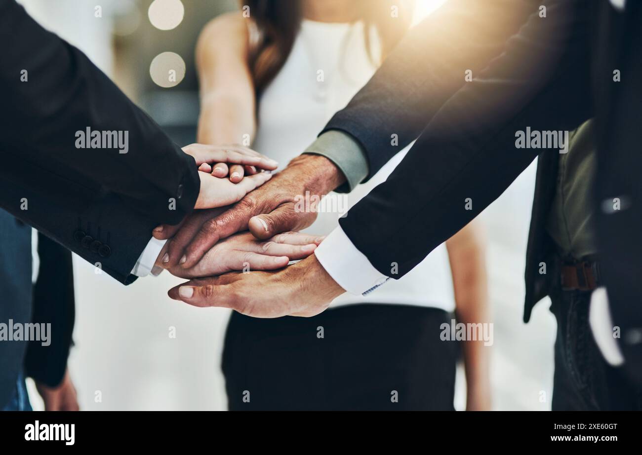 Employees, office and pile of hands for partnership on deal, teamwork ...