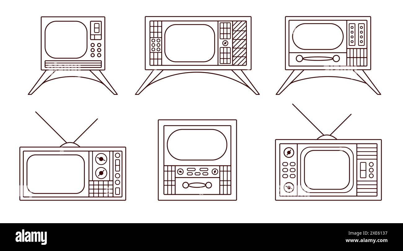Retro TV set in line art style. Outline vintage collection with screen ...