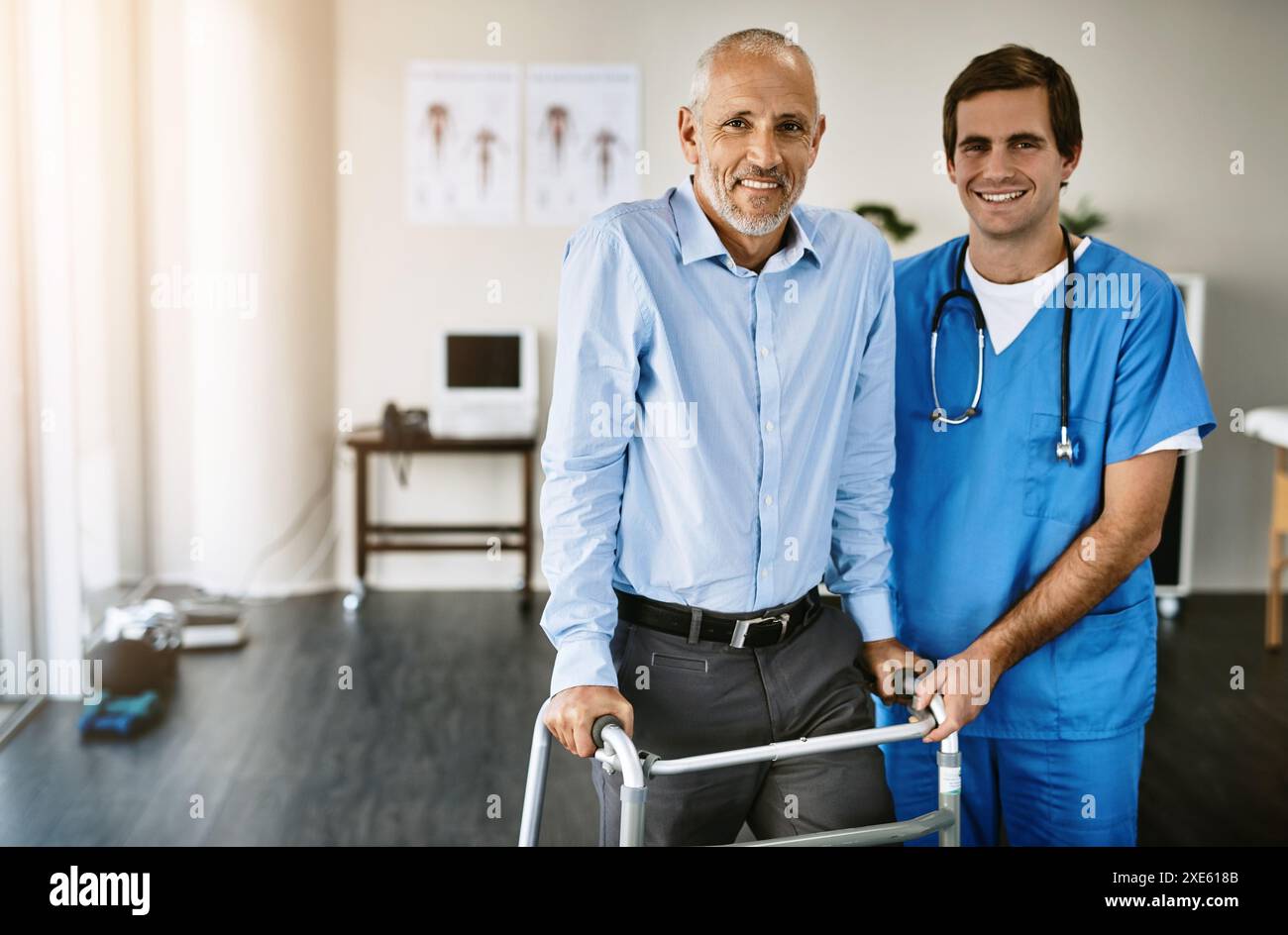 Physiotherapist, portrait and man with walker for support, patient ...