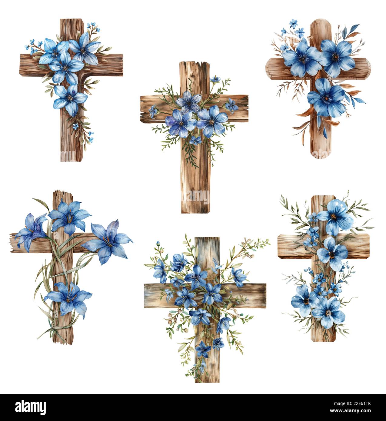 Set of floral crosses. Easter border, christian banner. Watercolor hand ...