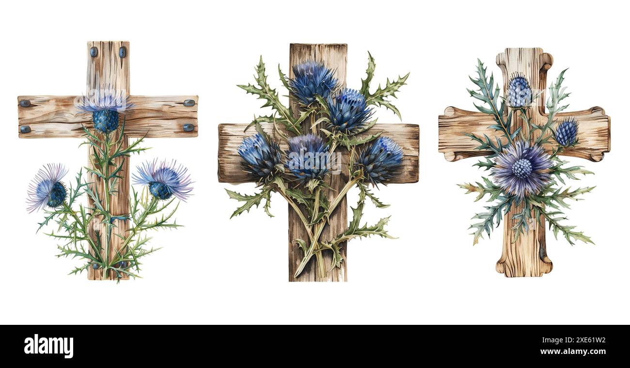Set of floral crosses. Easter border, christian banner. Watercolor hand ...