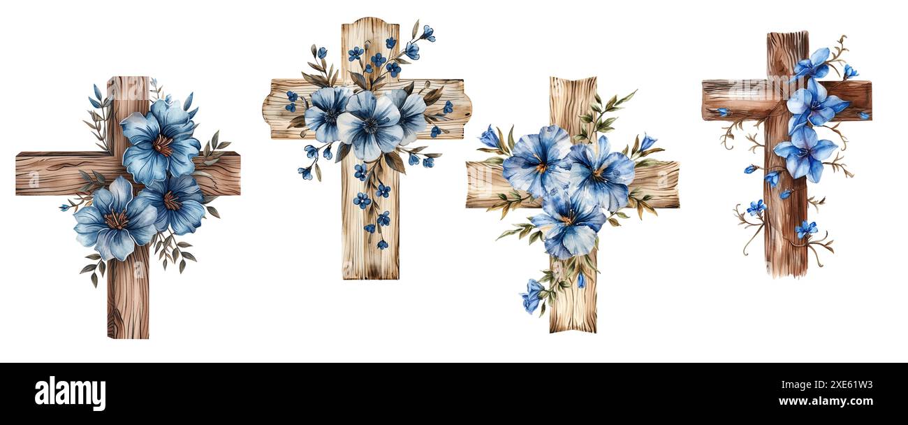 Set of floral crosses. Easter border, christian banner. Watercolor hand ...