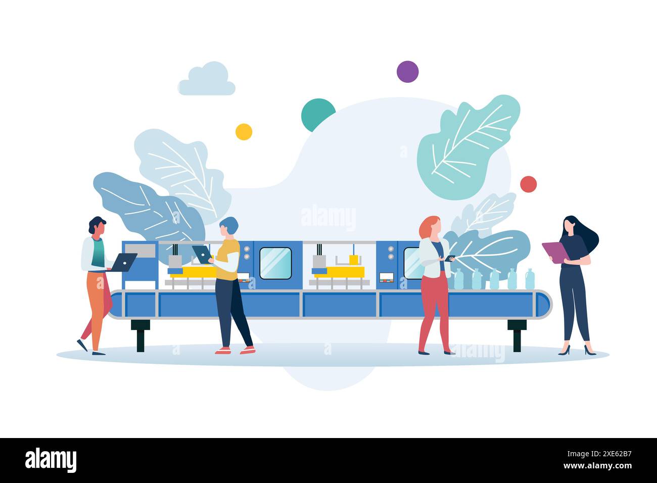 People with automation belt machine with mechanic gear background ...