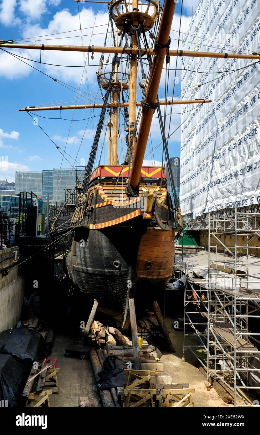 The replica "Golden Hind" in dry dock at Southwark, along the River ...