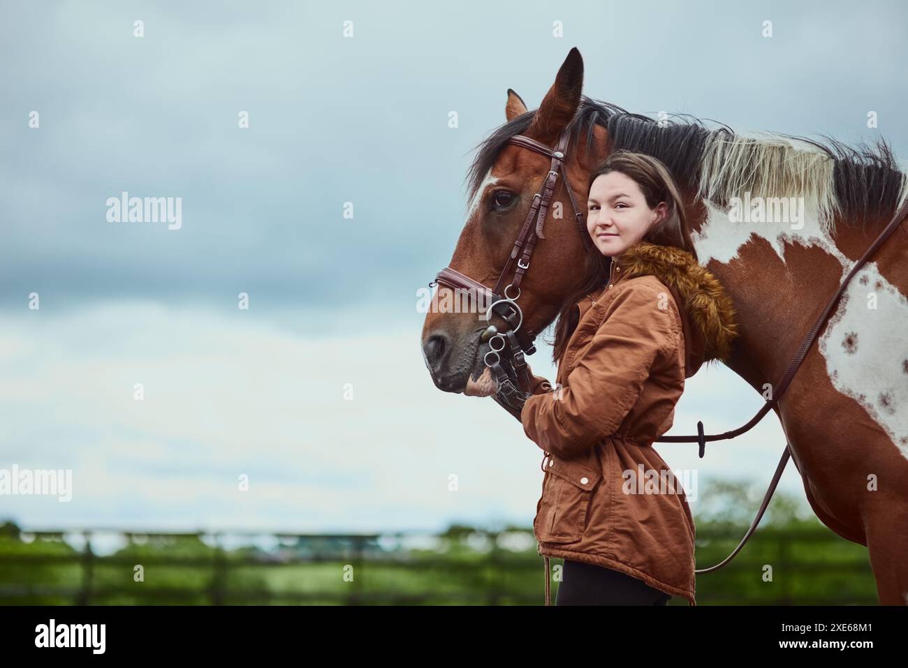 Farm, walking and portrait of woman with horse in nature for bonding ...