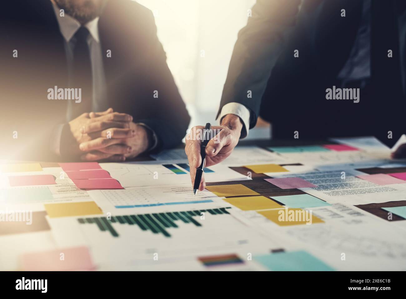 Hands, business people and partner with writing notes, documents and ...