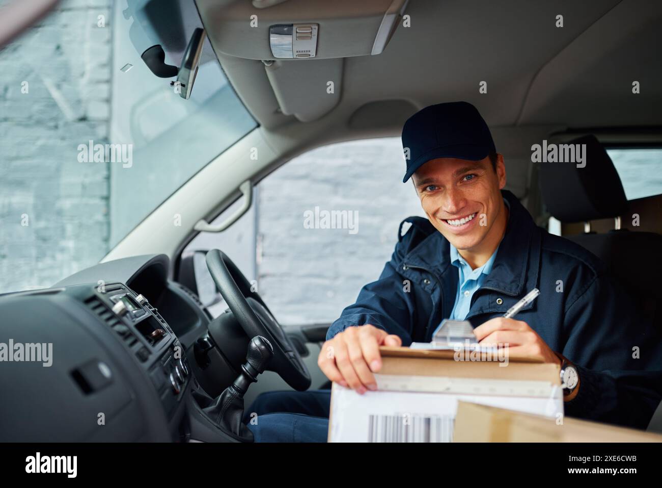 Courier, man and portrait in truck with checklist for address ...