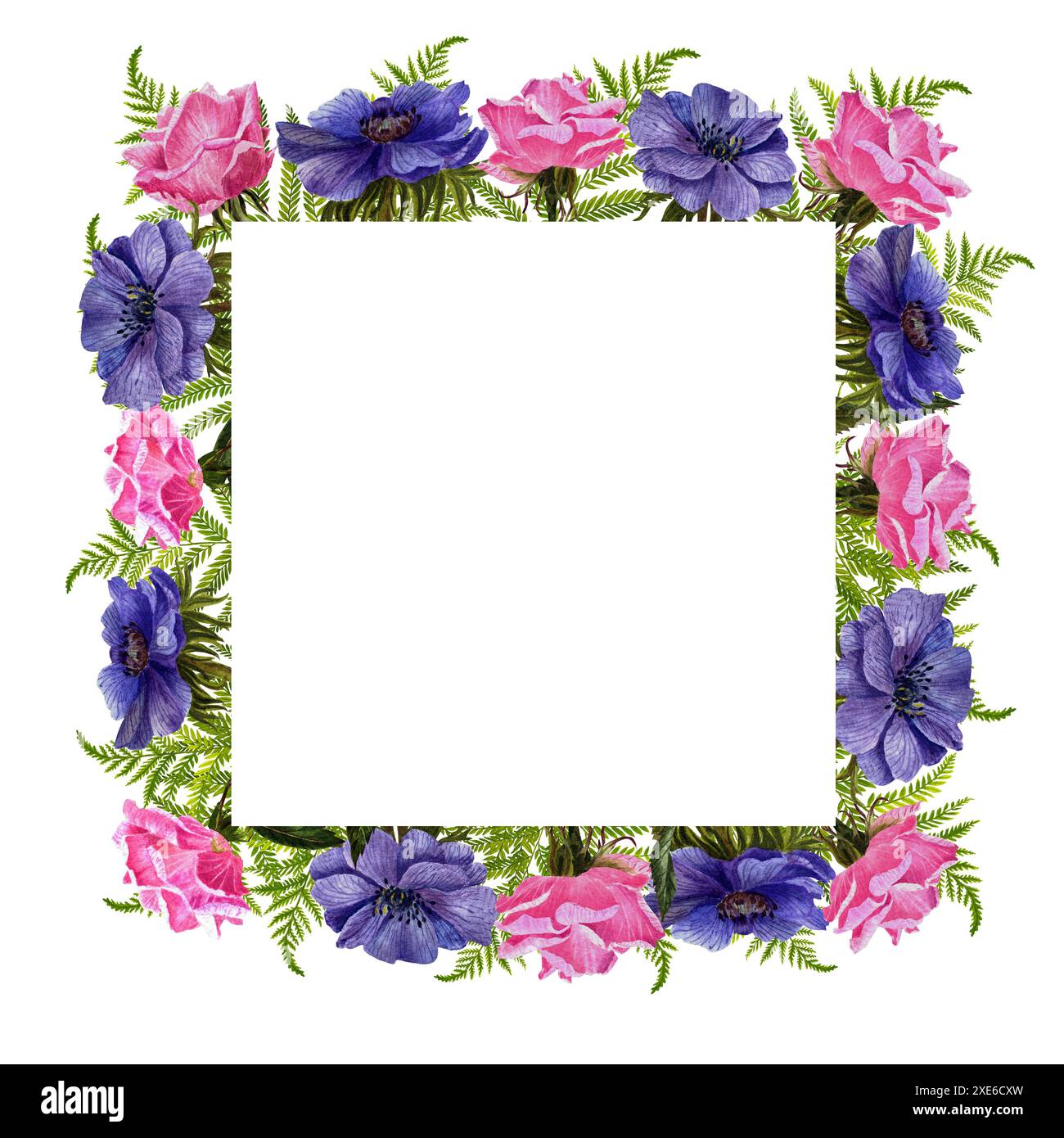 Beautiful square frame of pink roses and anemones. A watercolor flowers ...