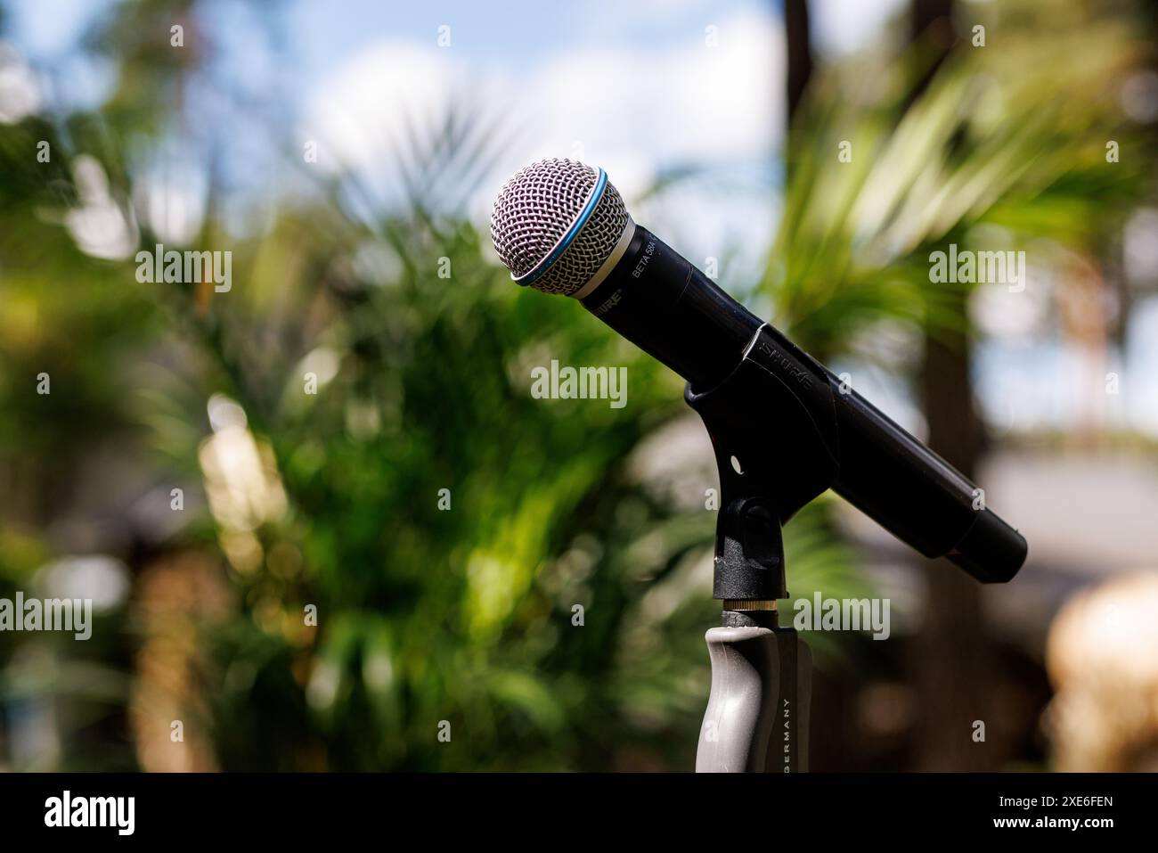 A close-up of a microphone against nature backdrop Stock Photo - Alamy