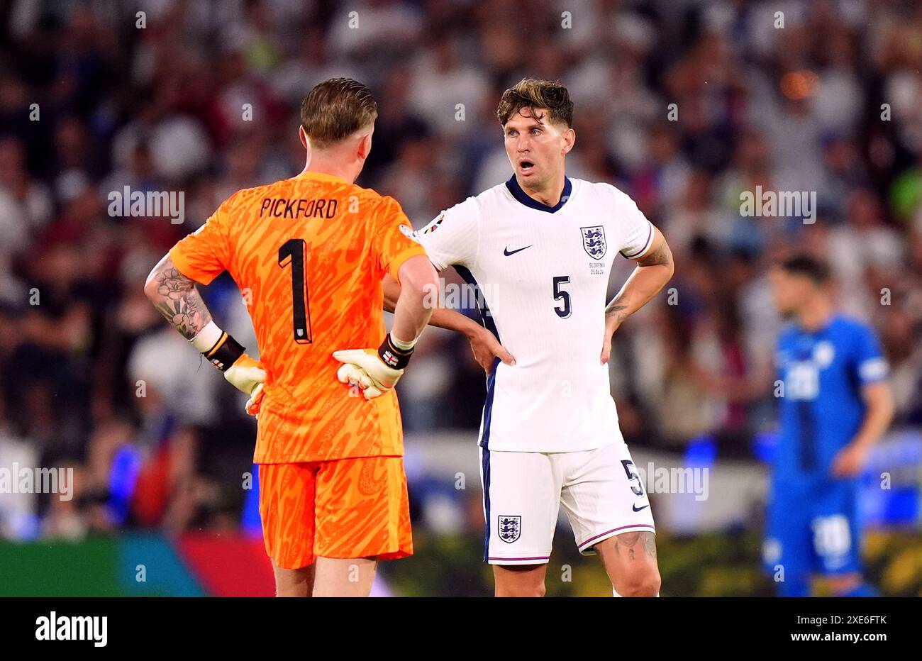 England goalkeeper Jordan Pickford and John Stones during the UEFA Euro ...