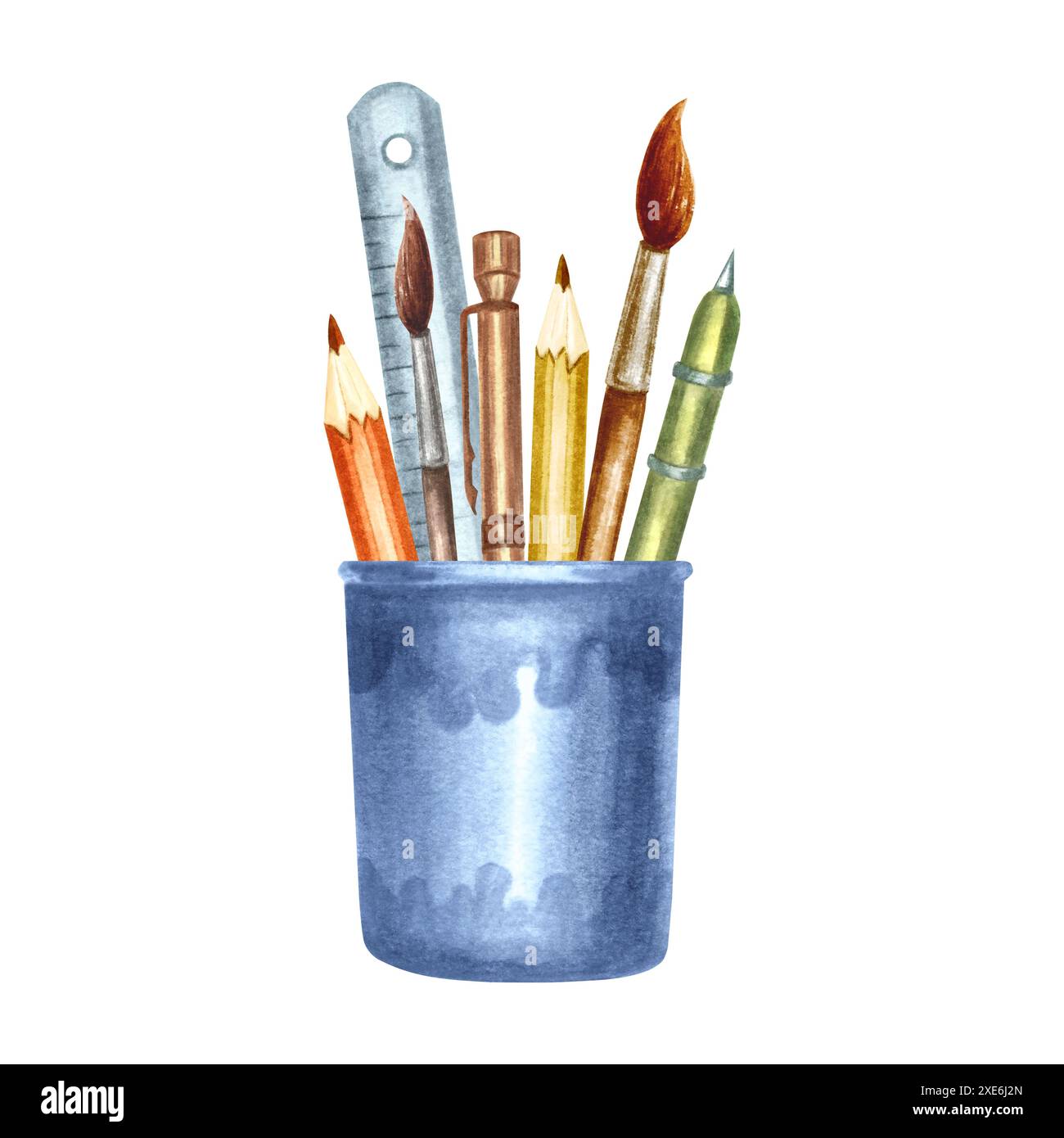 Plastic cup blue with writing utensils. Pens, brushes and pencils. Hand ...