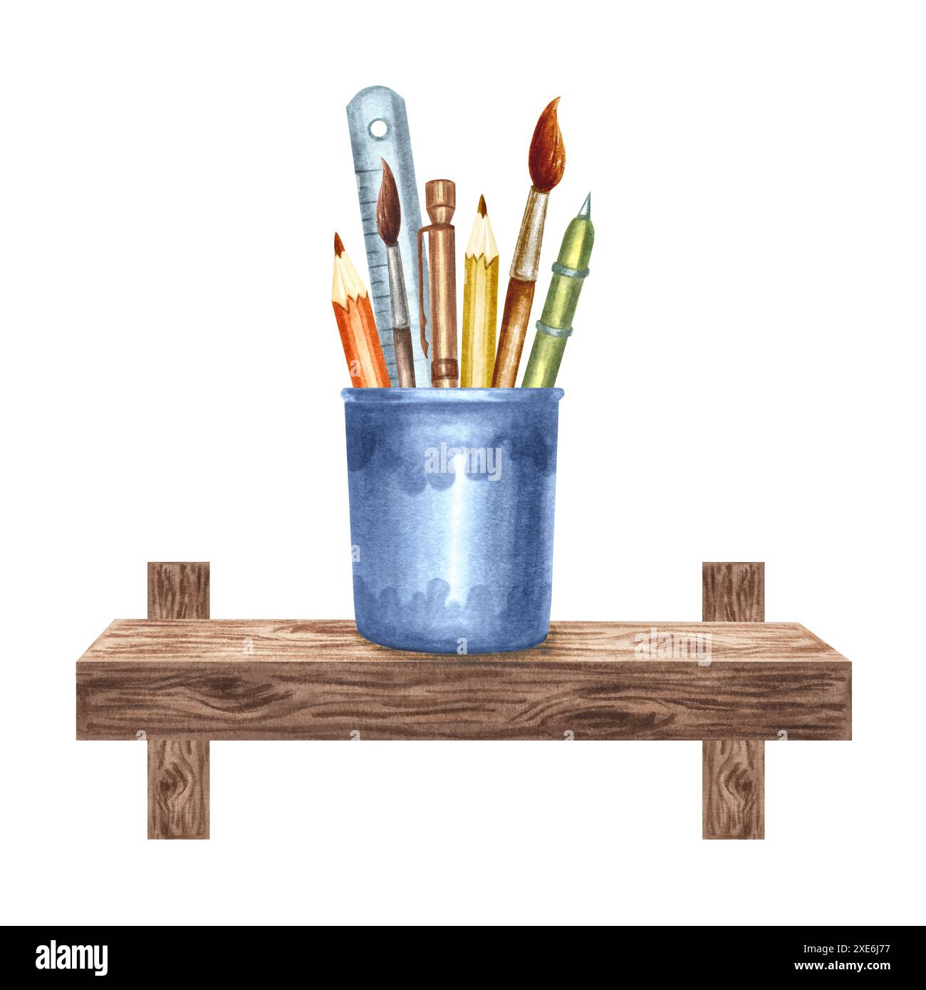 Writing utensils in bucket on bookshelf. Pens, brushes and pencils ...