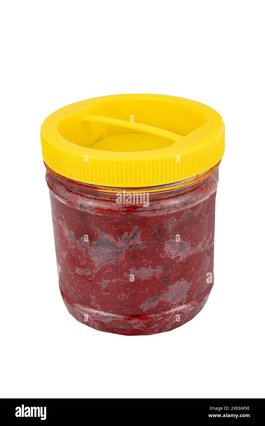 Tomato paste in plastic jar isolated on white background. Plastic ...