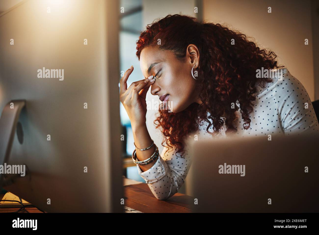 Business woman, computer and headache at night with stress, fatigue and ...